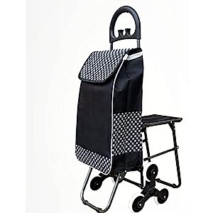 Shopping Trolley on Wheels Multi Function Shopping Cart Trolley Old Age Handcart Stair Climber with Hook Handle Seat Removable Waterproof Canvas Bag Storage Hand Trucks,Black,A ,Shopping Trol