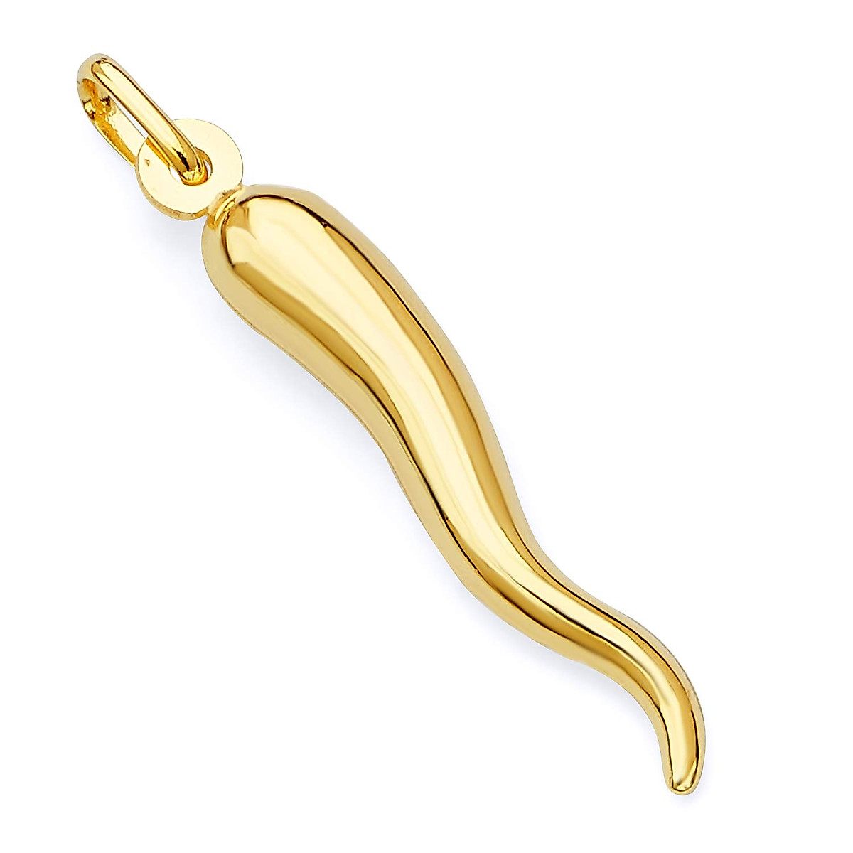 14k REAL Yellow Gold Cornicello Italian Horn Charm Pendant - 30 x 7 mm