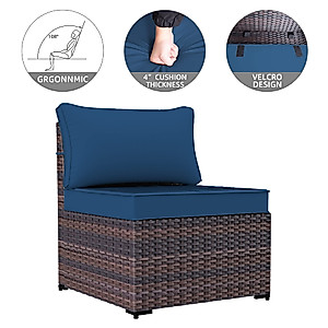 Halmuz 7 Piece Outdoor Patio Furniture Set with Propane Fire Pit, High Back PE Wicker Rattan Outdoor Sofa Conversation Set,Sectional Furniture Patio Set w/Tempered Glass Top Table&Gas Fire Pit(Navy)