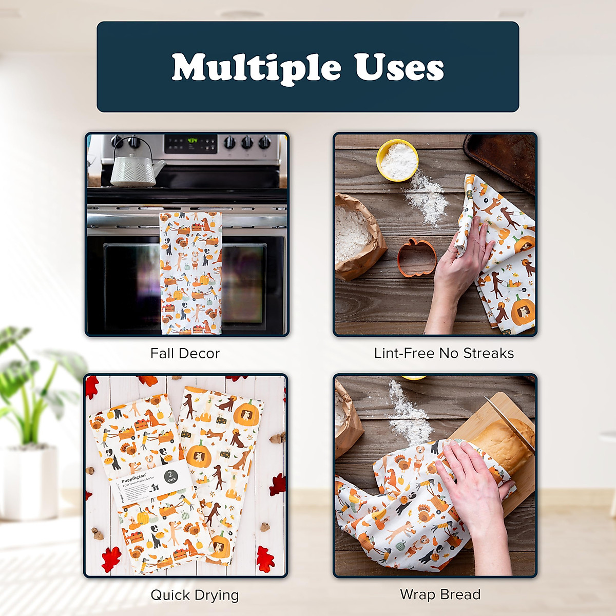 Puppington Dog Kitchen Towels - Thanksgiving Kitchen Towels - Fall Decor Dog Lover Gifts - Dog Thanksgiving Decor Dish Towels - Thanksgiving Tea Towels (Harvest Hounds 2-Pack)