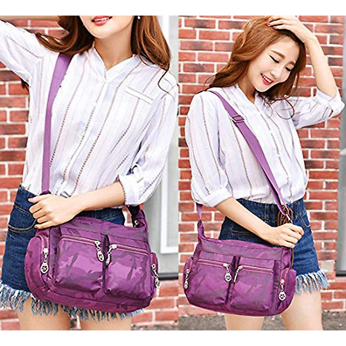 FiveloveTwo Lightweight Nylon Multi Pocket Hobo Shoulder Crossbody Bag Handbags and Purses for Women Men Top-handle Messenger Crossbody Bag Pack Totes Satchels Purple Camouflage
