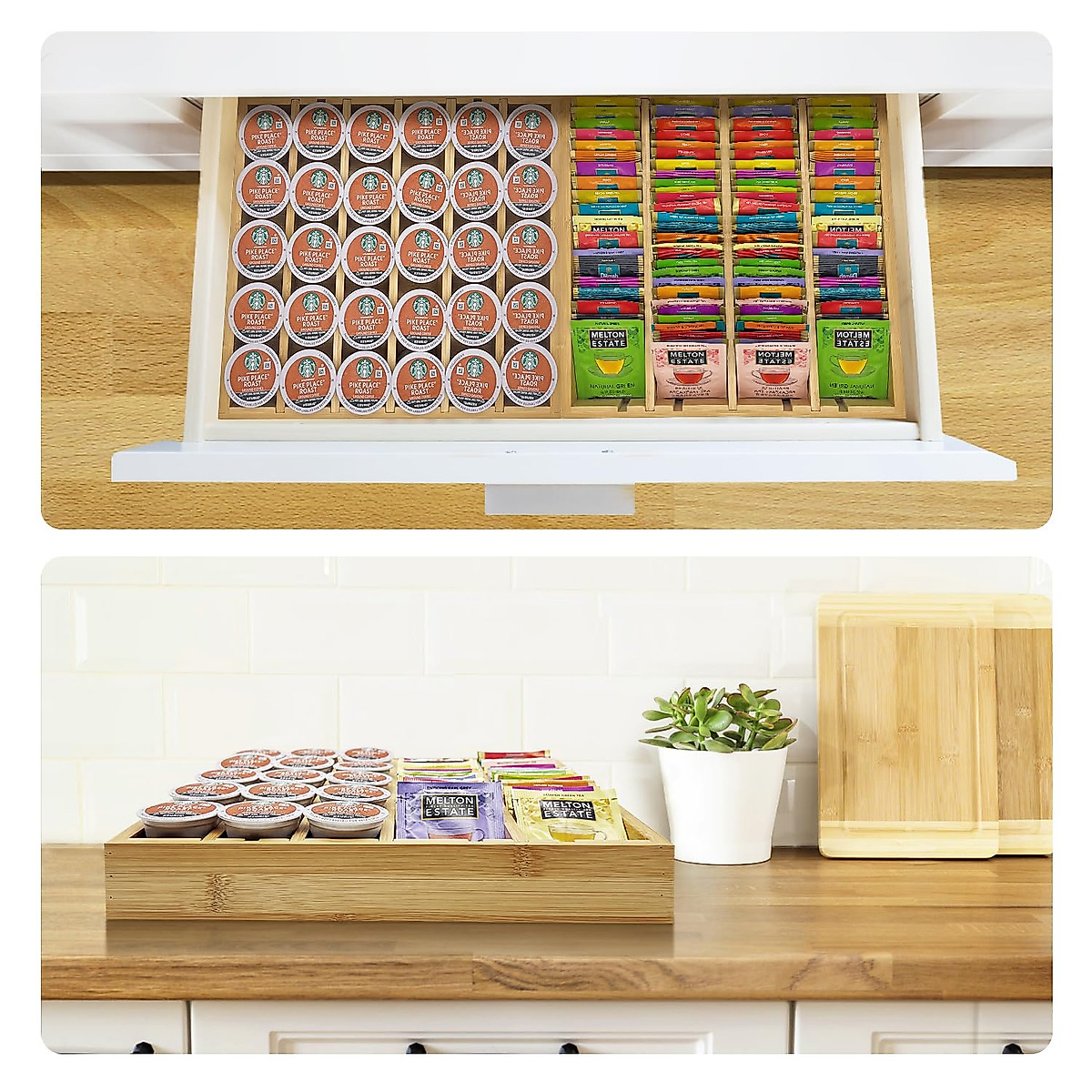 Bayting Bamboo K Cup Holder, Coffee Pod and Tea Bag Organizer for Drawer or Countertop, Adjustable K Cup or Tea Bag Organizer for Coffee Station, Up to 30 K Cups
