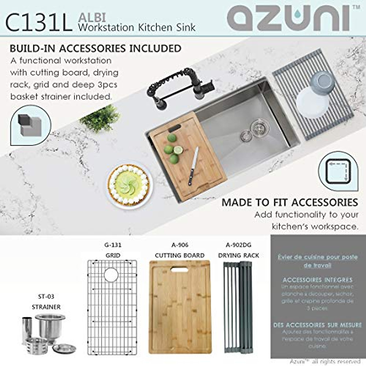 AZUNI 30 inch x 19 inch Single Bowl Undermount 16G Reversible Kitchen Ledge Workstation Sink with Grid, Luxury Basket Strainer, Drying Rack and Bamboo Cutting Board, C131L