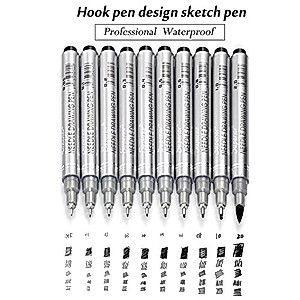 Set of 10 Black Micro-Pen Fineliner Ink Pens, Anti-Bleed & Waterproof Archival ink,Brush & Calligraphy Tip Nibs - Artist Illustration, Office Documents, Scrapbooking, Technical Drawing