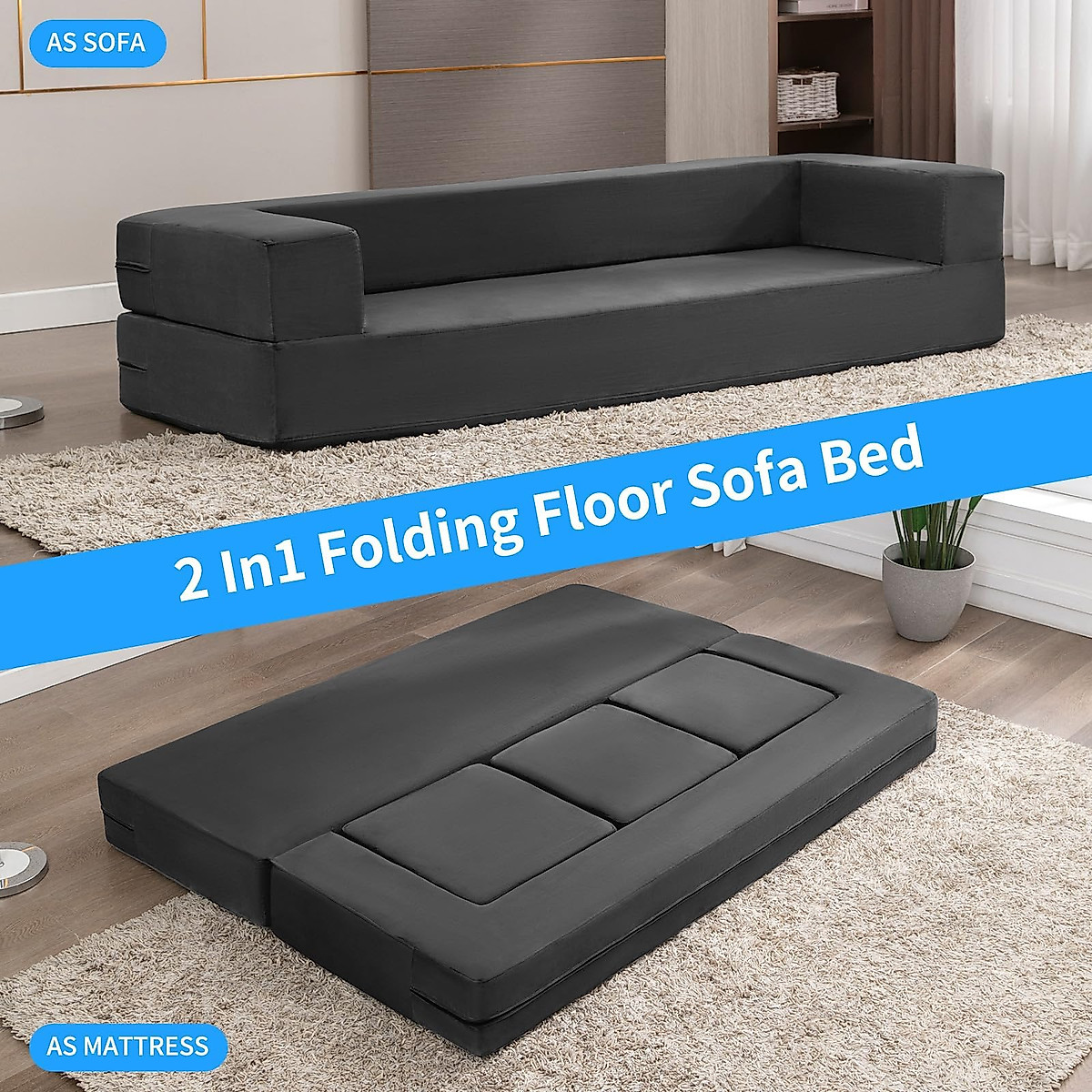 PUREMIND 10 Inch Folding Sofa Bed, Velvet Convertible Floor Sleeper Sofa with 3 Ottomans, Upholstered 2-in-1 Fold Out Couch Bed Queen Size Guest Bed Foldable Mattress for Living Room, Office