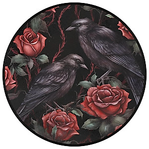 Modern Round Rugs 3 Feet Halloween Red Roses Crows Area Rug for Living Room with Non Slip Backing Soft Kids Play Mat Carpet for Bedroom Patio Rugs