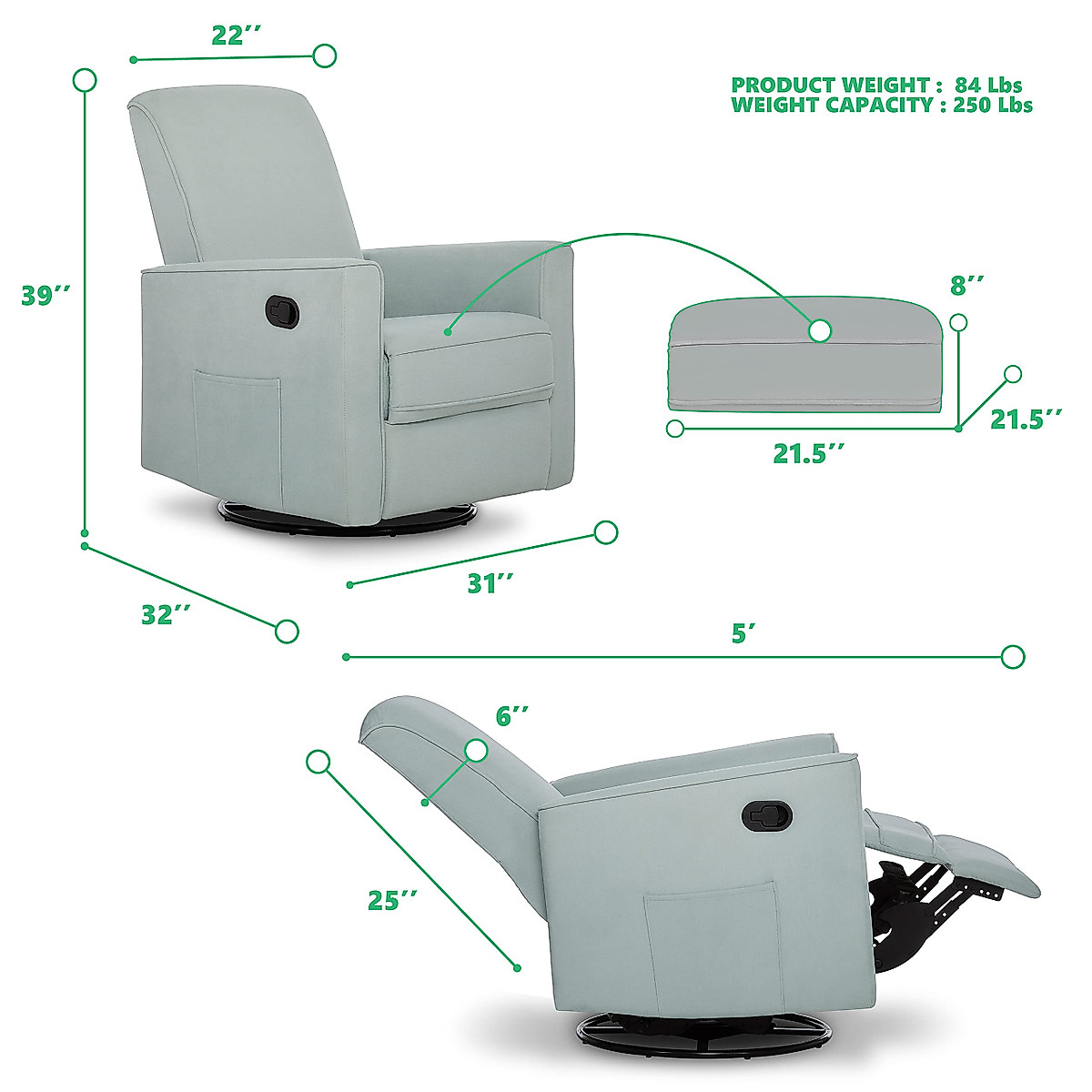 Evolur Raleigh Upholstered Plush Seating Glider Swivel, Rocker, Recliner, Glider for Nursery in Light Blue, Greenguard Gold Certified, Modern Nursery Recliner, Environmentally Conscious Glider