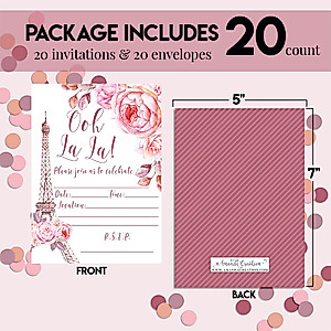 Ooh La La Watercolor Floral Paris Party Invitations for Birthdays, Baby Showers, Bridal Showers, Engagement Parties and more. 20 5x7 Fill In Cards with Twenty White Envelopes by AmandaCreation