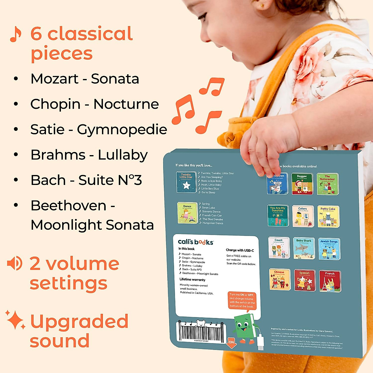 Cali's Books Bedtime Baby Music Book | New Rechargeable Musical Book, No More Batteries | 6 Classical Pieces | Bedtime Sound Books for Babies for Babies and Toddlers