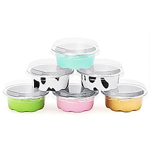 AOSYCO Dessert Cups With Lids, Tiny Condiment Storage, Mini Snack Containers, Salad Dressing Container To Go, 1.6 Oz 100pcs - 5 Colors Mixed Aluminum Foil Pans with Lids