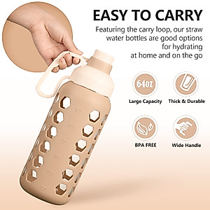 MUKOKO 64 Oz Glass Water Bottles, Half Gallon Water Bottle With Straw And Silicone Sleeve Wide Mouth Leakproof Reusable Water Jug With Time Marker And Handle For Gym, Outdoor, BPA Free,Amber