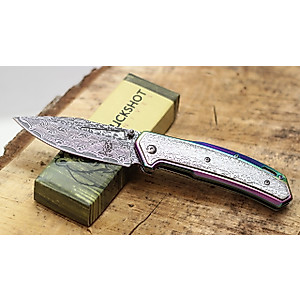 Buckshot Knives Thumb Open Spring Assisted Stainless Steel Titanium Handle with 3D Etched Inlay, Etched Damascus Wave Blade Pocket Knife (PBK215RW)