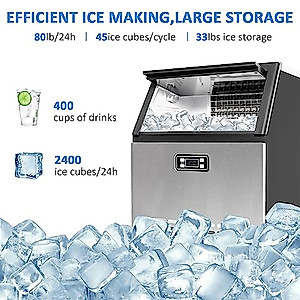 Clarfey 80LBS/24H Commercial Ice Maker with 33LBS Storage Bin Stainless Steel Automatic Operation Under Counter Ice Machine