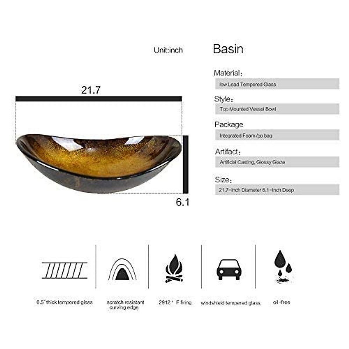 Bathroom Vessel Sink, Boat Shape Bathroom Artistic Glass Vessel Bowl Basin with Free Oil Rubbed Bronze Faucet and Pop-up Drain, Gold ingot