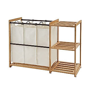 TRINITY EcoStorage 3-Bag Bamboo Laundry Station, Laundry-Room Organization and Dirty Clothes Hamper with 3 Shelves for Bedroom, Closet, Dorm Room and More, Bronze Poles