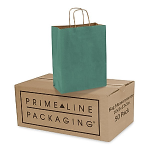 Green Gift Bags - 10x5x13 Inch 50 Pack Medium Kraft Paper Shopping Bags with Handles, Craft Totes in Bulk for Boutiques, Small Business, Retail Stores, Birthday Parties, Jewelry, Merchandise, Bulk
