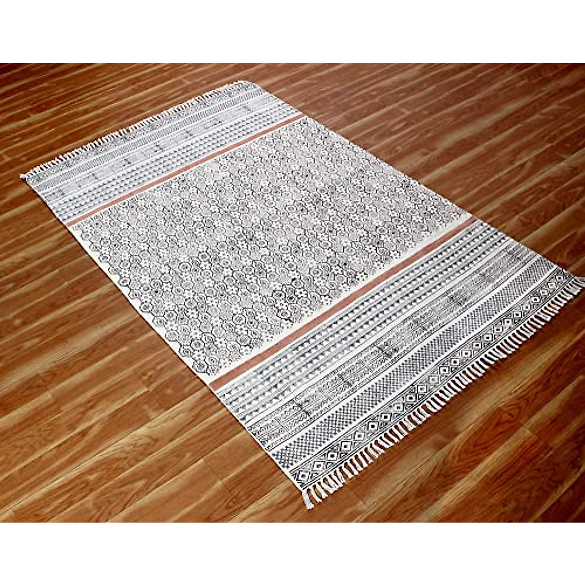 Casavani Hand Block Printed Tassels Throw Rugs Brown, Black Geometric Area Rug Doormat Floor Rug Indoor Area Rugs for Bedroom Living Room Laundry Room 3x10 Feet Runner