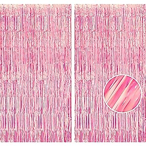 BRAVESHINE Party Decoration Iridescent Foil Fringe Backdrops - 2 Pack 3.2 x 6.5 ft Metallic Tinsel Photo Booth Pros Streamer Curtains for Birthday Wedding Graduation Christmas Holiday - Clear Pink