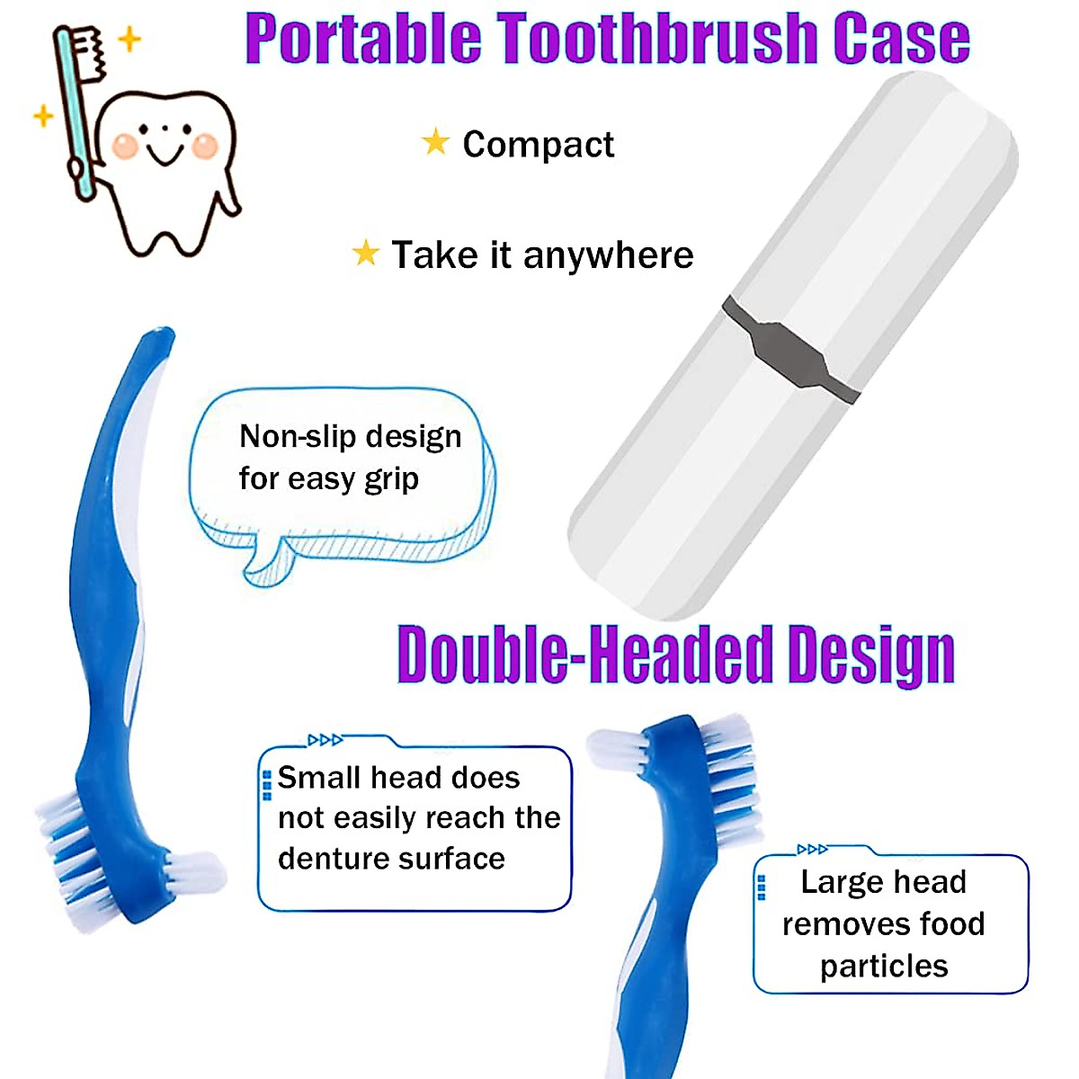Denture Case Kit, 2 Denture Cup with 2 Denture Brush & 2 Portable Brush Box, Denture Bath Cup with Strainer & Lid for Travel, Storage Soak Container Retainer Cleaner (Blue & Purple)