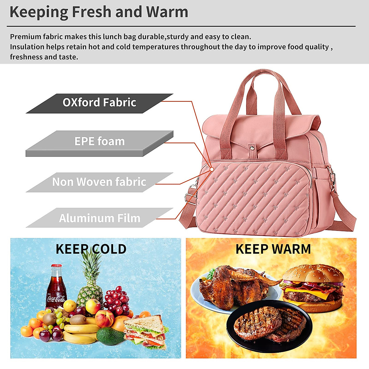 Anfeichen Insulated Lunch Bag Women For Work,Leakproof Lunch Box for Men Large Lunch Tote Bag,Embroidered Cooler Bag with Shoulder Strap (Pink)