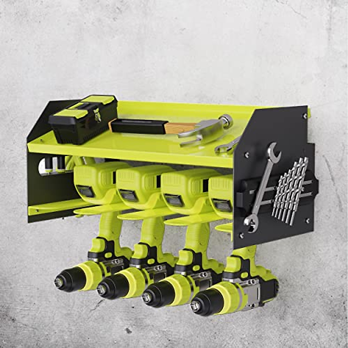 Drill Storage Rack，Power Tool Organizer Drill Holder Wall Mount， Drill Organizer for Garage, Workshop,Drill Bit Storage Shlef, Holds 4 Drills with Screws Box (Green-2 Layer)