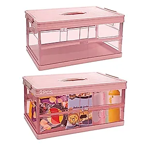 DSVENROLY 2Pcs Foldable Plastic Storage Box With Lid, Upgrade Multifunction Transparent Collapsible Storage Bins, Stackable Clear Latch Storage Box with Handle, Folding Plastic Containers (Pink)