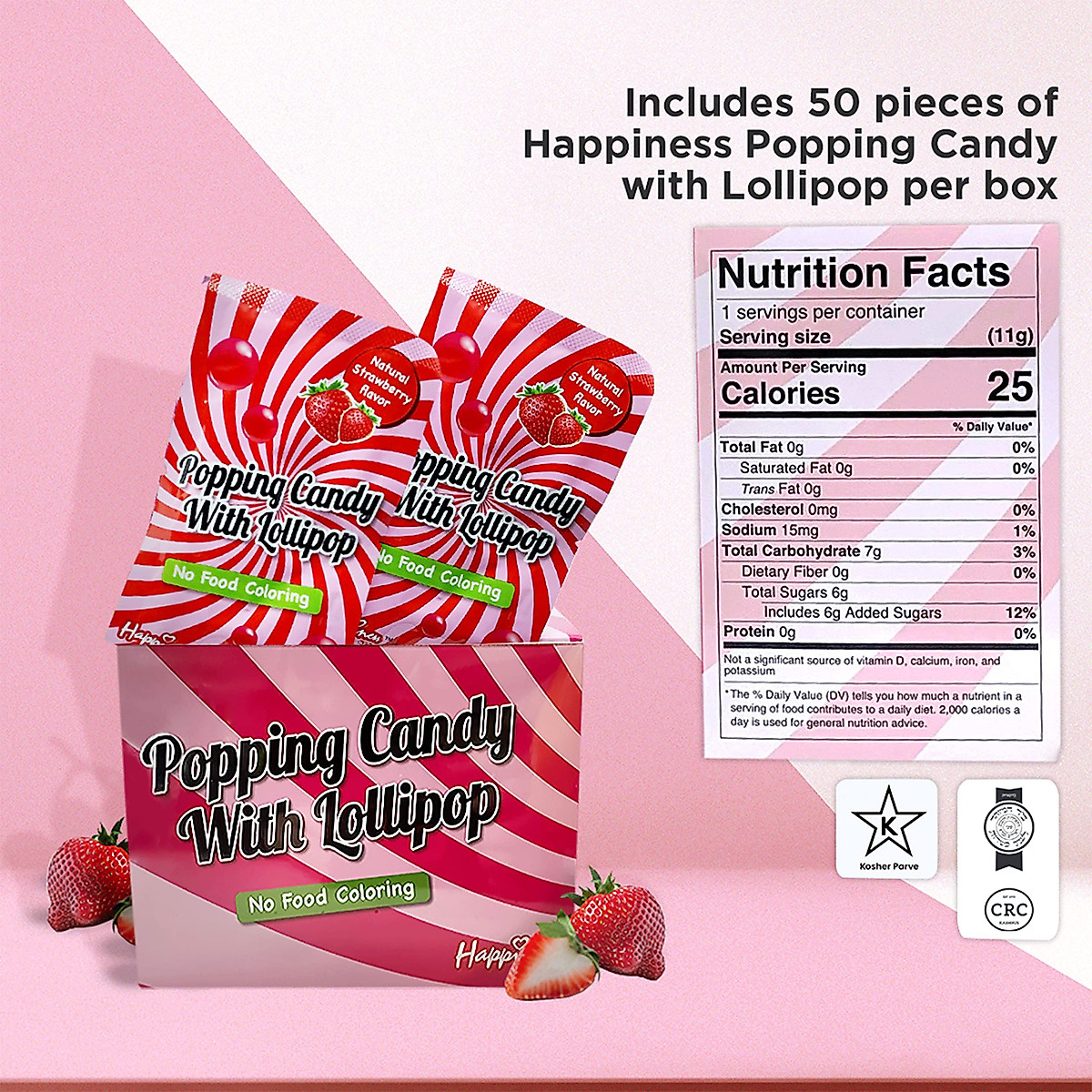 Happiness USA 50 PCS Popping Candy with Fun Dip Lollipop - All Natural No Artificial Colors or Flavors Pop Rocks Candy | Individually Wrapped Kosher Pareve Candy Pop | Non Dairy Pop Rocks Strawberry