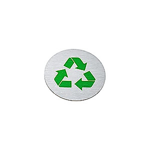 2" Round, Metal Recycle Signs | Recycle Bin Marker | Sign for Recycling Basket | Brushed Silver Aluminum with Green Recycle Symbol | Signs for Sustainability