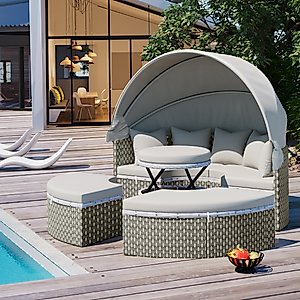 Merax Patio Conversation Set, 5-Piece Outdoor Furniture Round Sectional Sofa Set Rattan Daybed Two-Tone Weave Sunbed with Retractable Canopy, Gray