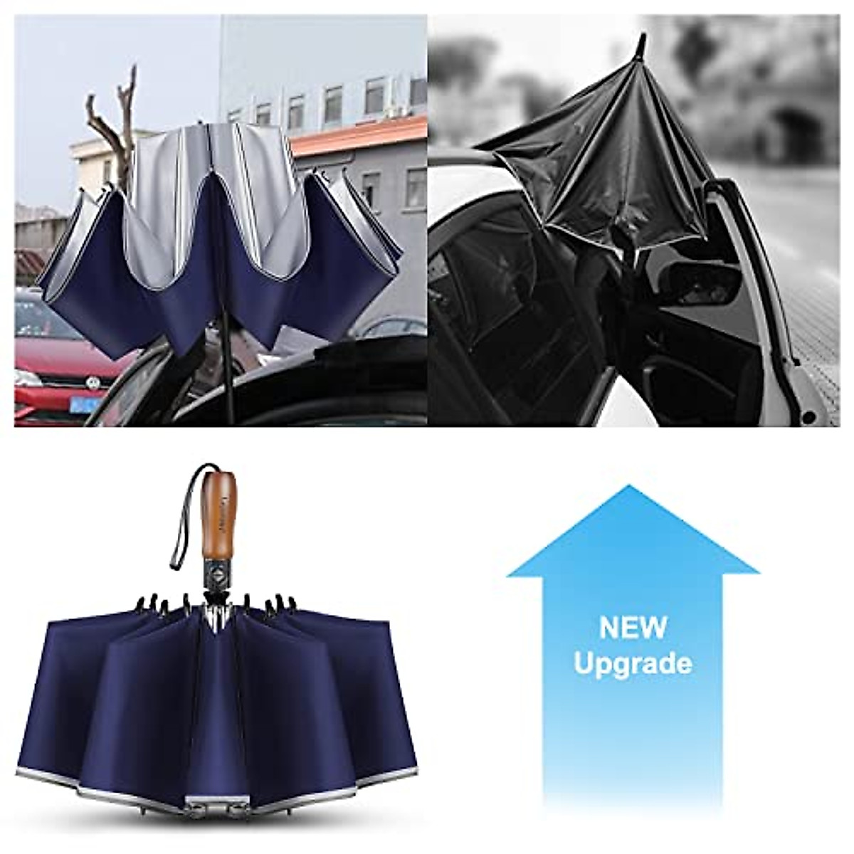 Lejorain Large Reverse Umbrella -50 Inch Windproof Folding Inverted Umbrella - Upside Down with Safety Reflective Strip (8.Blue Sun Umbrella)