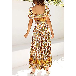 ZESICA Women's 2023 Summer Boho Floral Print Square Neck Ruffle Swing Beach Long Maxi Dress,Yellow,Medium