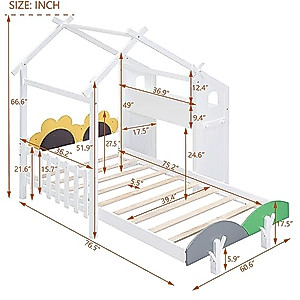 BIADNBZ Twin Size House Bed Frame with Desk and Two Handles, Wooden Platform Bedframe w/Windmill, Roof&Flower Decor, for Kids Boys Girls Bedroom, White