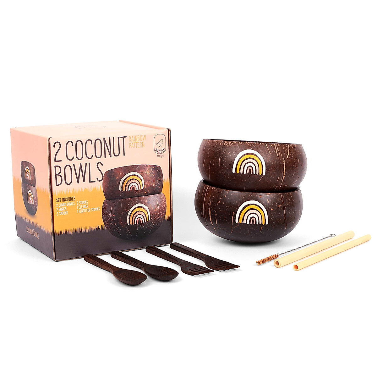 Coconut Bowls Set of 2 – Rainbow Design Wooden Bowls With Bamboo Straws, Wooden Forks & 2 Spoons – Natural Hand Carved Coconut Shell Bowl… (2, Rainbow)