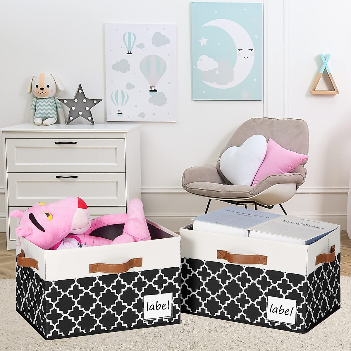 PFFVRP Large Storage Bins with Lids, Foldable Fabric Storage Baskets with Lids 6-Pack, Sturdy Storage Boxes with Labels and 3 PU Handles for Closet Home Bedroom Office (26L, Black Plaid&White)