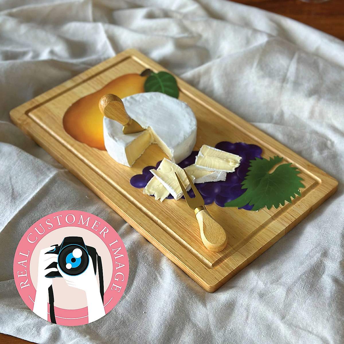 Cheese Board Wood Platter with Gold Brass Cheese Knife Set and Bonus Paper Decorations, Whitewash Wooden Charcuterie Server with Golden Knives (Cheese Board with Utensils and Paper Decor)