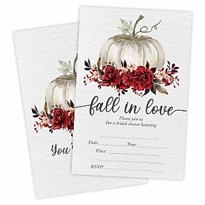 YKYENR Pumpkins & Floral Bridal Shower Invitations - Fall In Love - 4 x 6 Inches Invites (25 Cards & Envelopes) For Wedding Showers, Newlyweds Parties And Receptions - A14