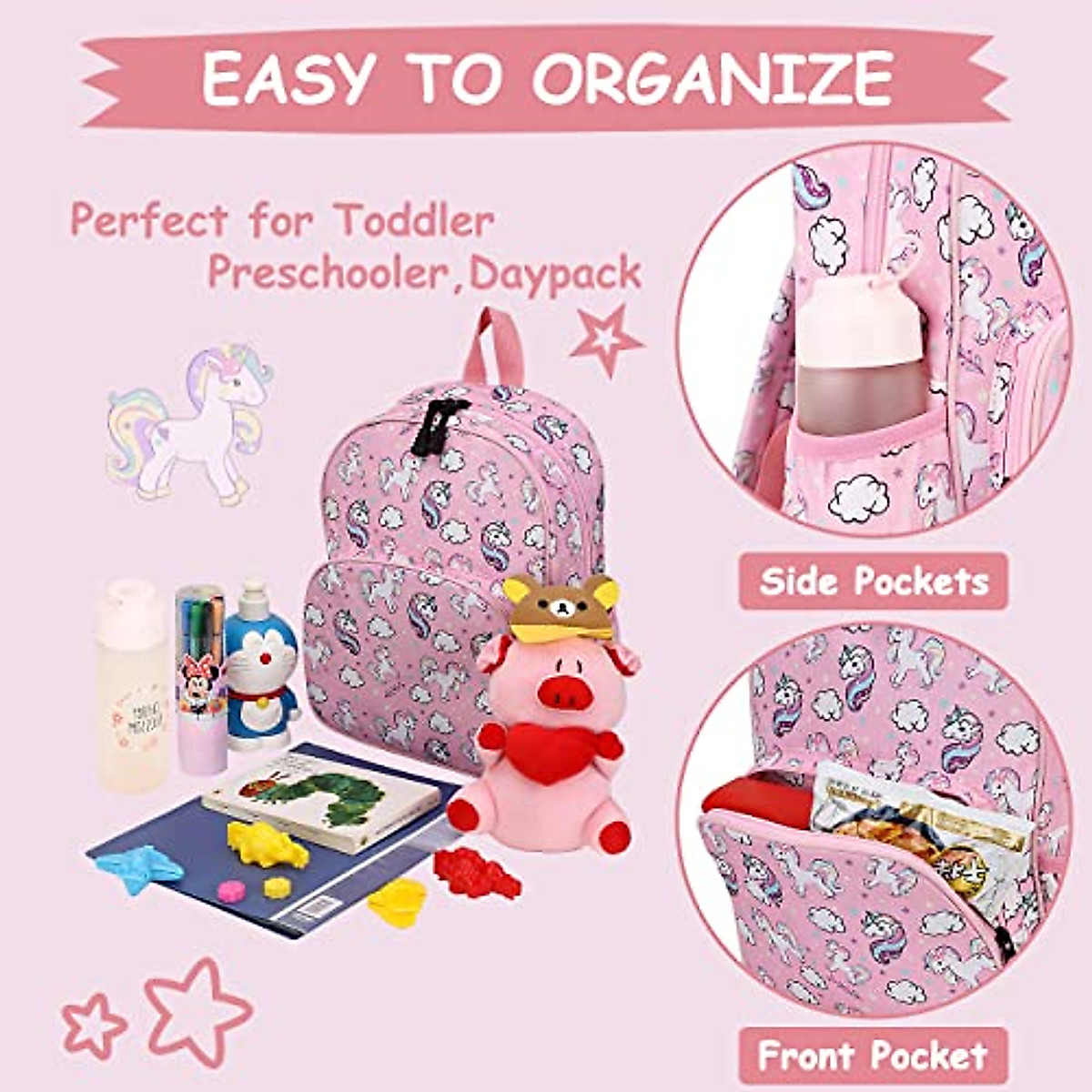 RAVUO Unicorn Backpack for Girls, Cute Toddler Backpack Lightweight Kids Preschool Bookbag Daypack with Chest Strap