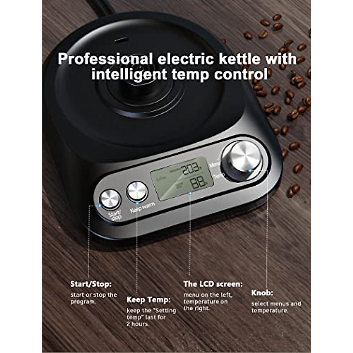 Elechelf Electric Gooseneck Kettle, 0.8L Pour-Over Coffee Kettle, Variable Temperature Control Tea Kettle, Auto Shut off & Boil-Dry Protection, 1000W Stainless Steel Electric Kettle