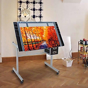 ZERVA Drafting Craft Desk Art Glass Desk with Storage Drawers | Durable Sturdy Ergonomic Heavy Duty Comfortable Adjustable Lightweight | for Home Office, School, Home, with 4 Casters