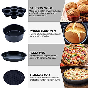 7 Inch 10pcs Air Fryer Accessories Set Fit for Gowise Gourmia Cozyna Ninja,Fit All 3.2qt-6.8qt Air Fryer,Kits with Skewers Silicone Mat,Pizza Pan,Cake Barrel,Non-Stick,Dishwasher Safe,Universal,Black