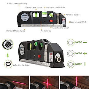 Qooltek Multipurpose Laser Level 8 feet Measure Tape Ruler Adjusted Standard and Metric Rulers for hanging pictures with Metal Tripod Stand