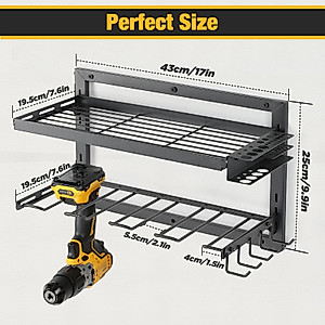 COFIT 2-Tier Power Tool Organizer, Power Drill Tool Holder, Wall Mount Tool Storage Organizer, Adjustable Height Iron Tool Rack for Garage Organization and Workshop