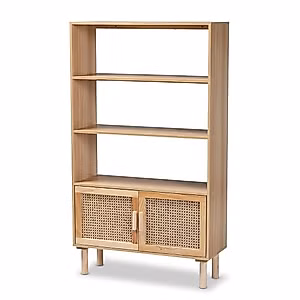 Baxton Studio Faulkner Mid-Century Modern Natural Brown Finished Wood and Rattan 2-Door Bookcase