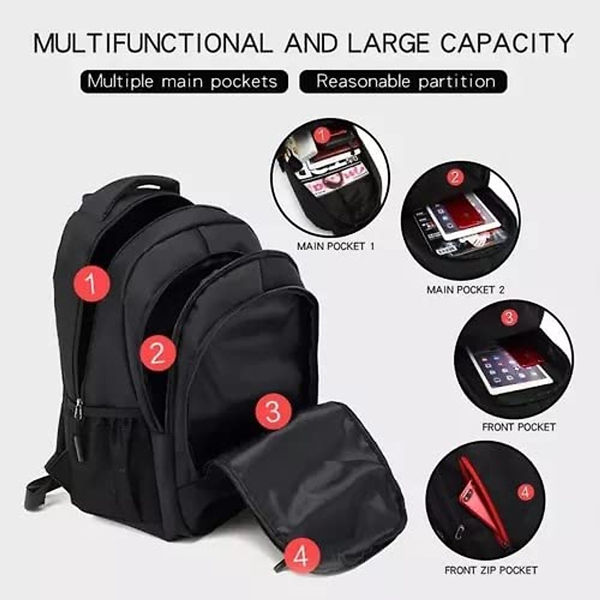 Luke Sports Heavy Duty Notebook Backpack Black and Red Three Front Pockets Two Side Pockets Scratch-Proof Fabric