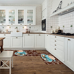 Coffee Kitchen Rugs Set 2 Piece 18x30in+18x47.2in, Non-Slip Kitchen Mats Set Rubber Backing Indoor Entry Door Mat Carpets - Vintage Blue Coffee Cup Beans Sugar Lump Brown