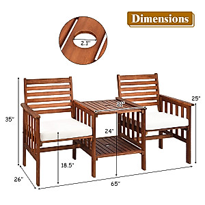 Tangkula Acacia Wood Loveseat, 3pcs Outdoor Table Chairs Set, Patio Conversation Set w/Coffee Table and Soft Cushions, 2.1-inch Umbrella Hole, 2-Seater Furniture Set (White)