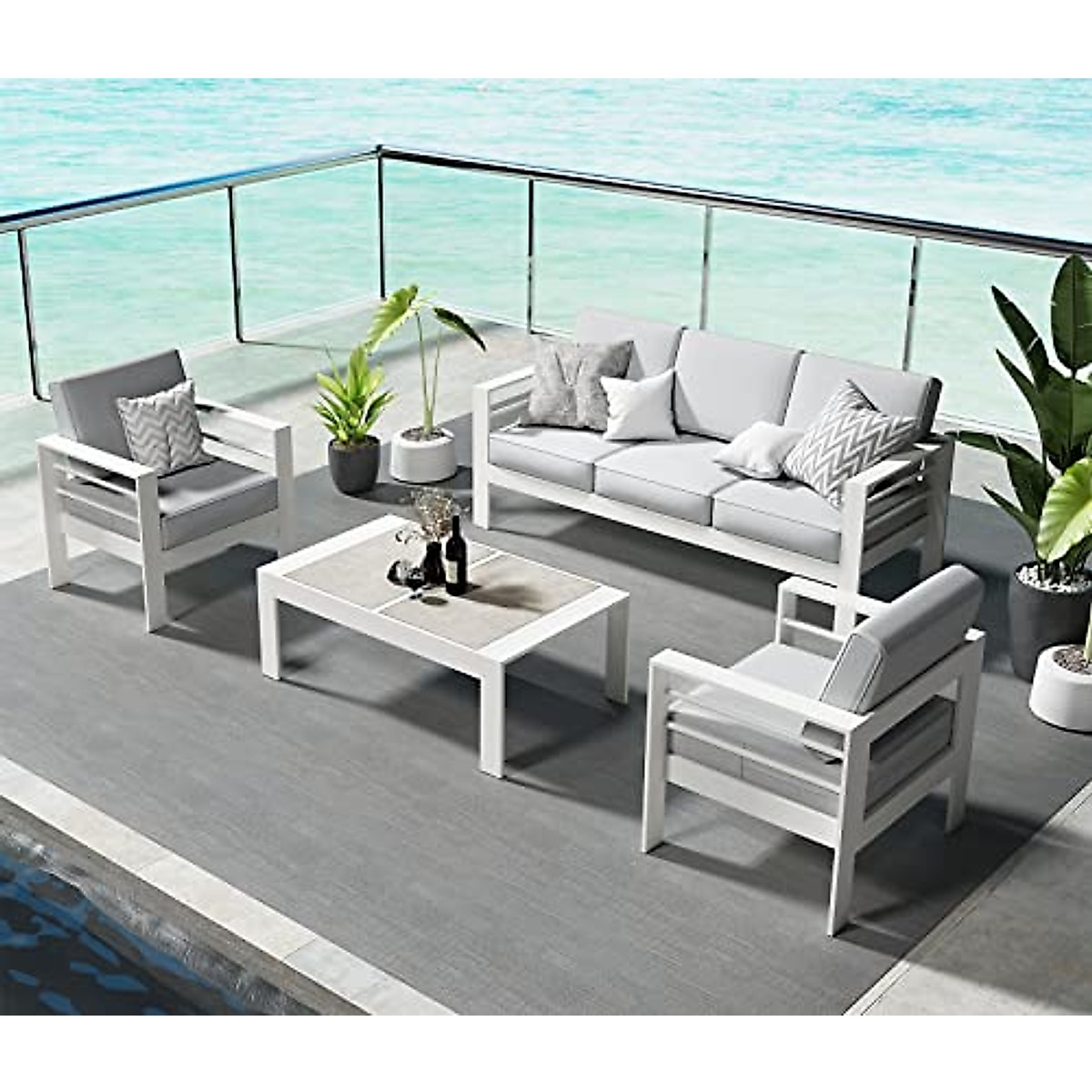 Outdoor Aluminum Furniture Set, 4 Pieces Patio Sectional Conversation Chat Sofa Modern Seating Set with Coffee Table