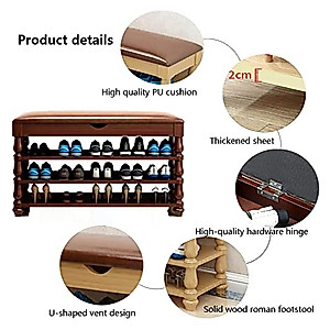 ALDEPO Shoe Cabinet Multi-Layer Solid Wood Shoe Changing Stool Retro Sitting Shoe Rack Large Capacity Home Storage with PU Leather Seat Save Space Corridor Bathroom Office Shop