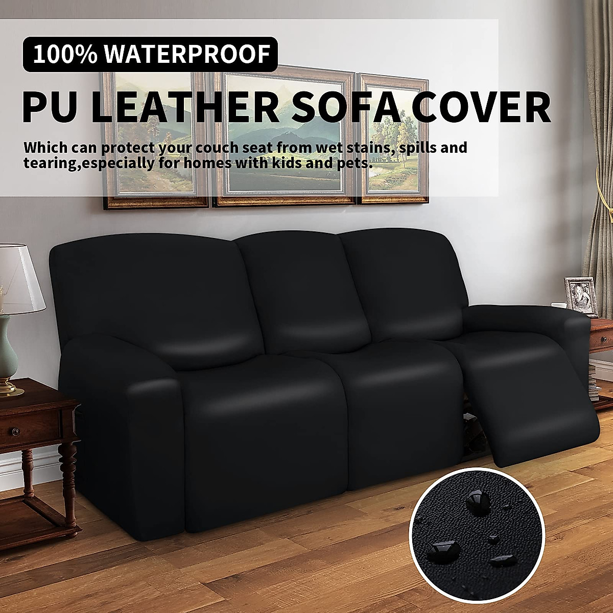 Easy-Going PU Leather Recliner Sofa Slipcovers, Waterproof Stretch Sofa Covers, 8 Pieces Stretch Furniture Protector, Elastic Strap Shield Pets Kids Children Cats Dogs Black