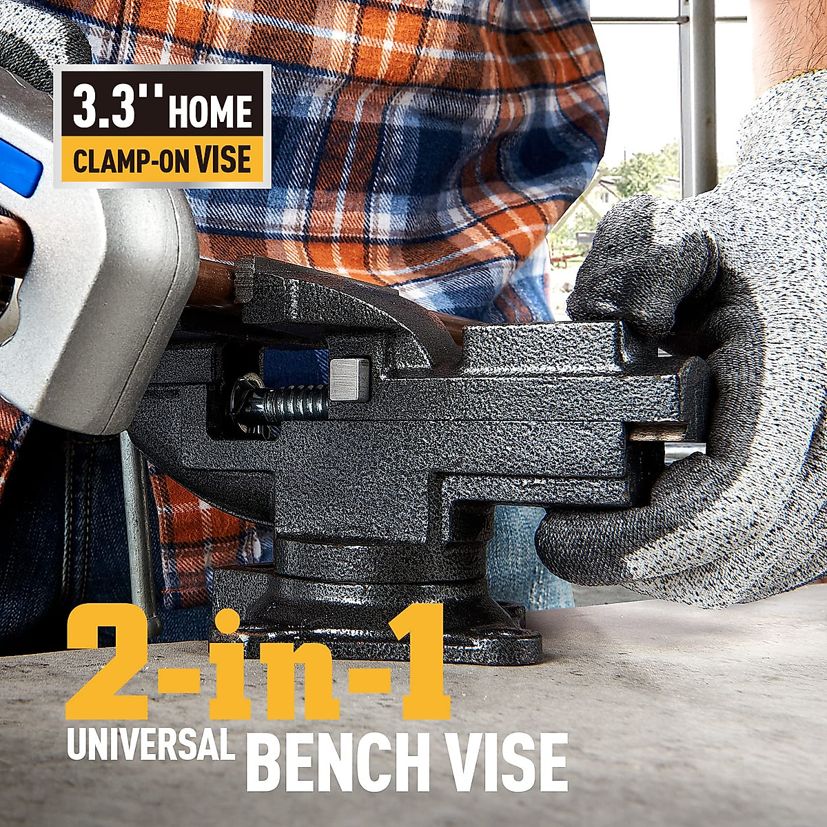 Dual-Purpose Combined Universal Vise 360° Swivel Base Work, Bench Vise or Table Vise Clamp-On with Quick Adjustment, 3.3" Movable Home Vice for Woodworking